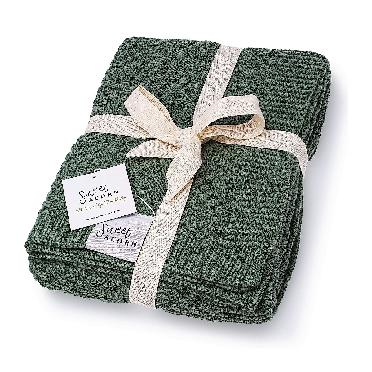 Sweet Acorn Knit Baby Blanket in Cable Pattern, Organic Cotton Blankets for Crib or Stroller, Receiving Blankets - Juniper Green