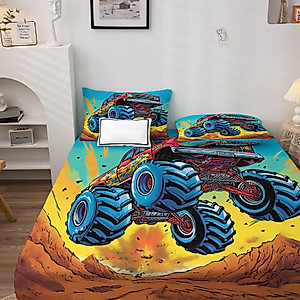 zcsm Monster Truck Sheets Full Size Sheet Sets - Kids Bed Sheets, Soft Microfiber & Deep Pocket & Wrinkle Free Patterned Bedding Sheets & Pillowcases, 1 Fitted Sheet, 1 Flat Sheet, 2 Pillow Cases