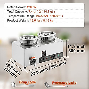VEVOR Electric Soup Warmer, Dual 7.4QT Stainless Steel Round Pot 86~185°F Adjustable Temp, 1200W Commercial Bain Marie with Anti-Dry Burn and Reset Button, Soup Station for Restaurant, Buffet, Silver