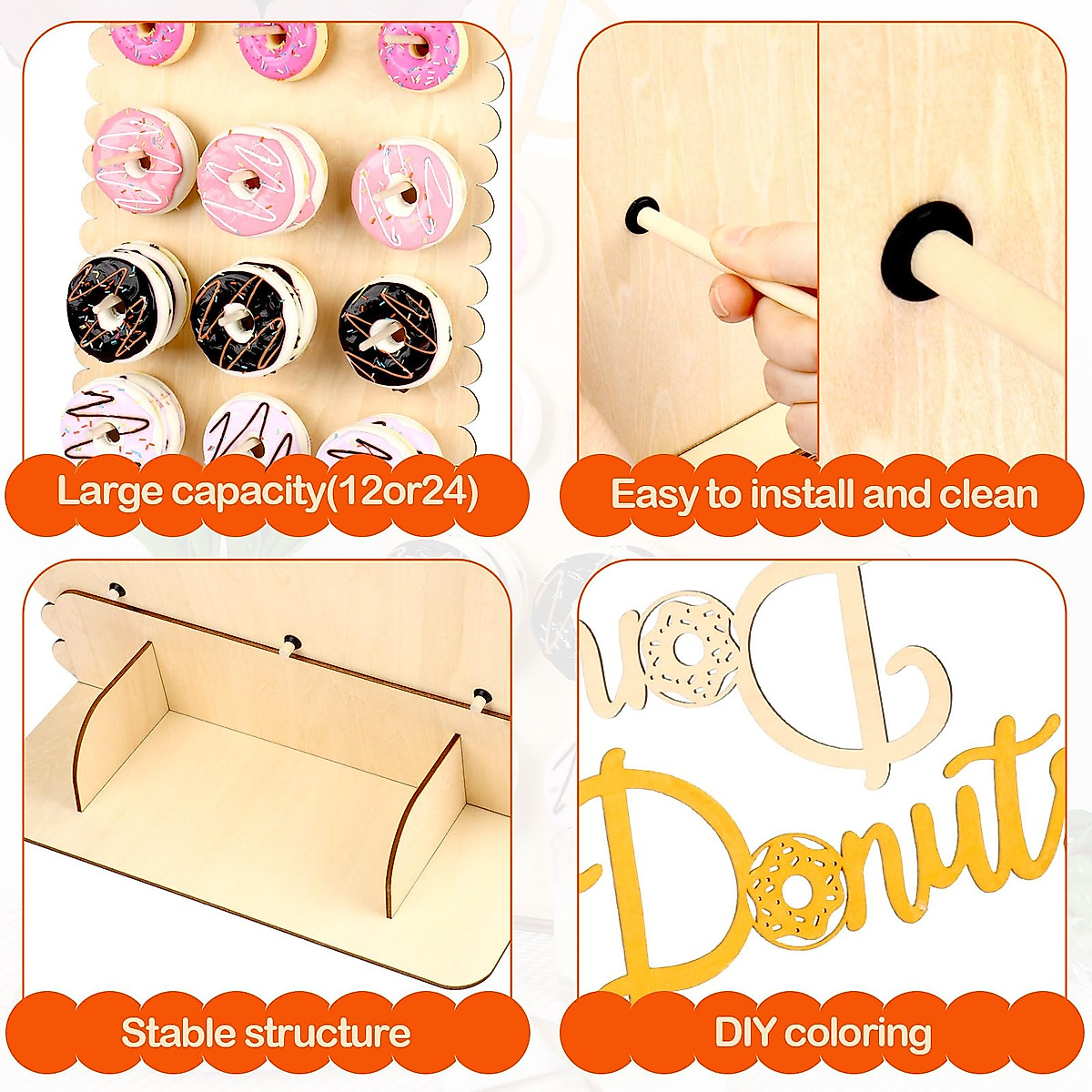 KOYILTD Reusable 12 Peg Donut Wall Stand for Party, Wooden Donut Display Board for Dessert Table Decoration (wood)