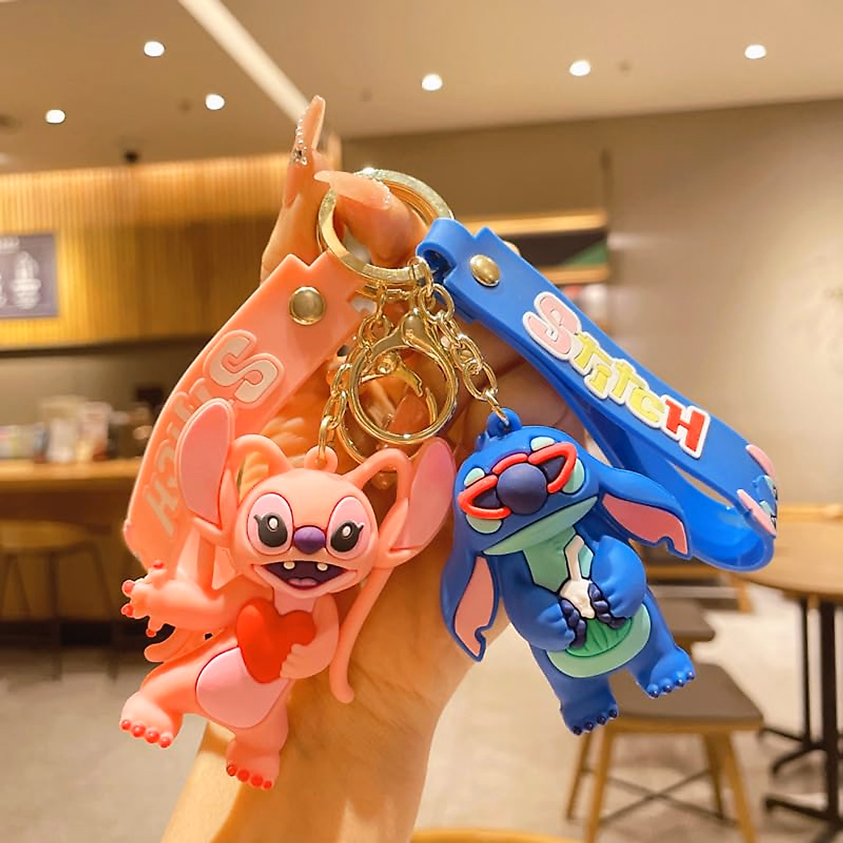 feimeng jewelry Anime Cute Stitch Silicone Keychain, PVC Pendant Key Chain Ring Holder Wristlet Accessories for Kids Gifts (Angel - Love)