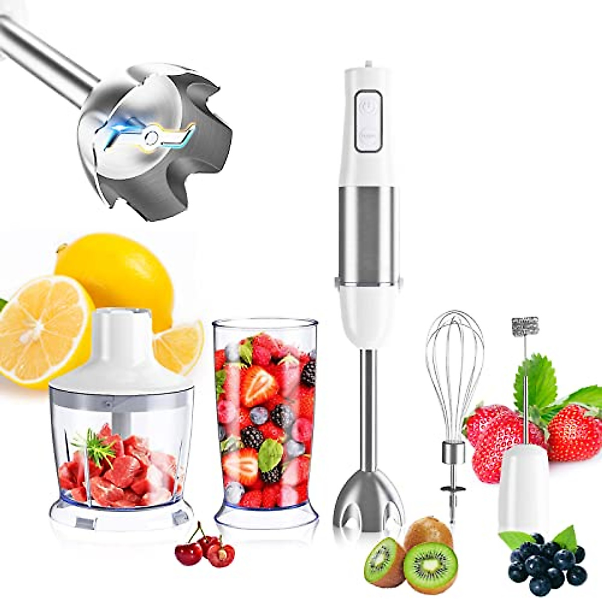 Immersion Blender Handheld, 5 in 1 Multi-purpose Hand Blender Electric 500W 6-Speed with Turbo Mode, Stick Blender with 500ml Food Chopper, 600ml Beaker, Stainless Steel Egg Whisk, Milk Frother (5 in 1)