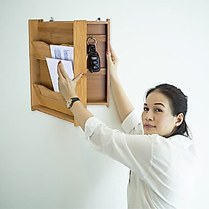 Bamboo Key and Mail Organizer For Wall ( Natural), By Home Basics | Mail Shelf Organizer With 6 Interior Key Hooks | Dual Compartment Small Mail Holder