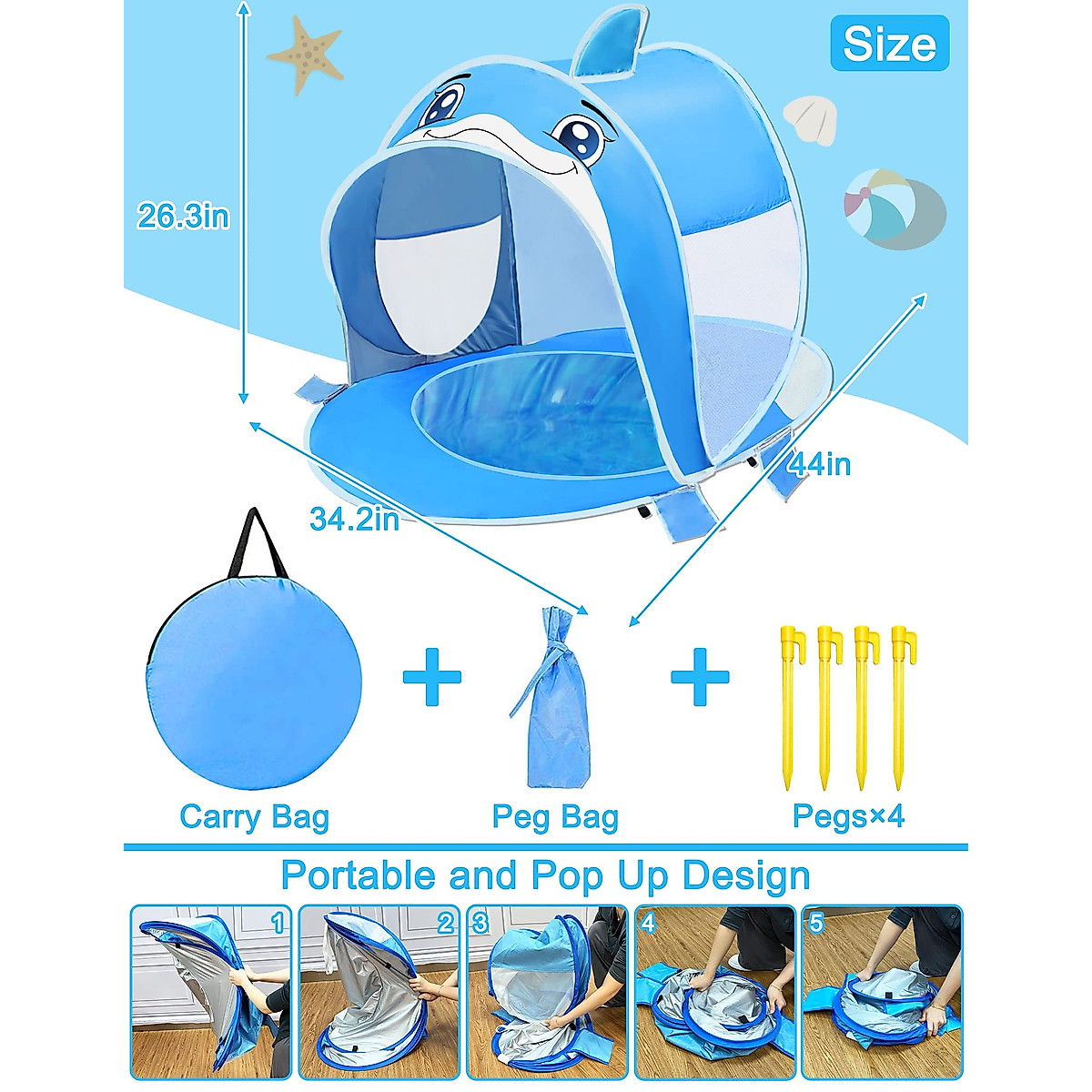 Dolphin Baby Beach Tent with Pool, UPF 50+ UV Protection Pop Up Portable Sun Shade Beach Tent with Sand Pocket, Waterproof Outdoor Sun Shelter for Baby Toddler Age 6-36 Months Baby Essentials