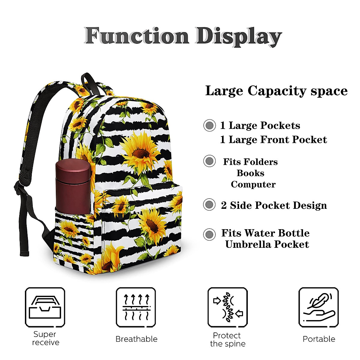 Stripes Sunflower Backpack Fashion Bookbag,Sunflower Laptop Bag with Multiple Pockets,Durable Shoulders Backpack (Stripes Sunflower)