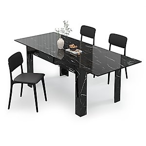 Fingertip WD Extendable Dining Table for 6-10 Person, Wooden Dining Room Table, Modern Extendable Table for Small Kitchens, Dining(Black Marble)