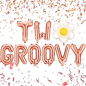 Two Groovy Balloons Party Decorations Foil Letter Balloons Large Daisy Balloons Groovy Decor White Flower Balloons for Birthday Party Baby Shower Wedding Decor Supplies, 16 Inches (Rose Gold)