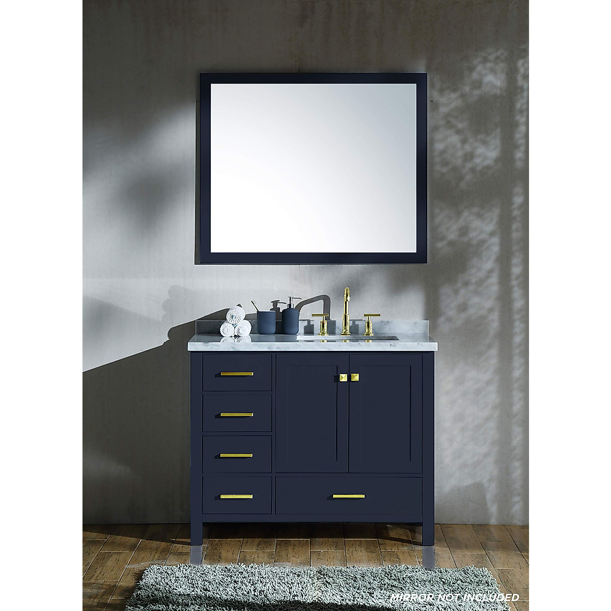 ARIEL Cambridge 43" Inch Single Right Offset Rectangular Sink Solid Wood Midnight Blue Bathroom Vanity Cabinet with 1.5" Inch Edge White Carrara Marble Countertop and Backsplash, No Mirror