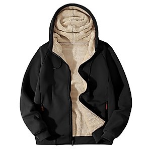 Flygo Hoodies for Men Zip Up Winter Fleece Sherpa Lined Sweatshirt Warm Jacket(Black-XL)