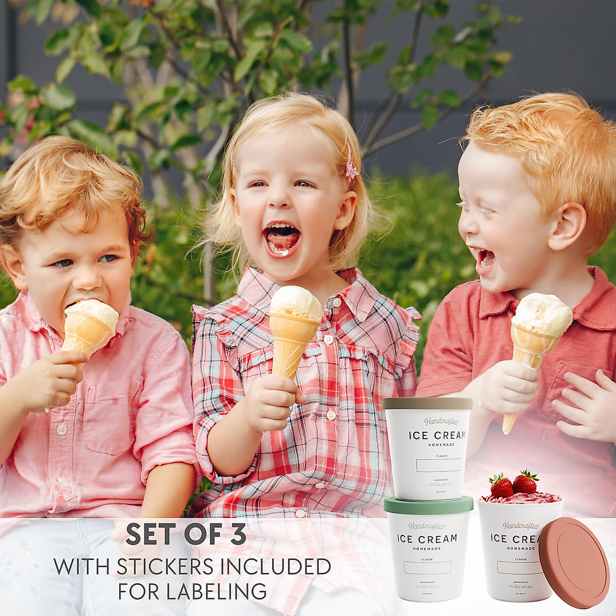 ZICOTO Set of 3 Reusable Ice Cream Containers 1 Quarts ea. - Perfect for Homemade Sorbet, Frozen Yogurt Or Gelato - Stackable Storage Pint Containers, Stickers And Lids Stores Easily In Freezer
