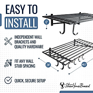 StoreYourBoard 2 Pack Heavy Duty Garage Wall Shelves, 2' x 4' Wall Mount Storage Shelf with Hooks, Holds 200 lbs Each