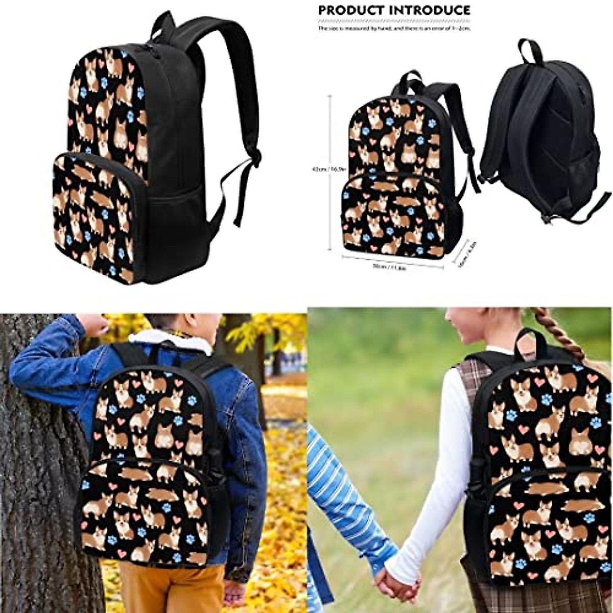 PZZ BEACH Cute Corgi Kids School Backpack Set Thermal Lunch Pouch Bag Pencil Case Durable Bookbag Stationery 3 Pieces