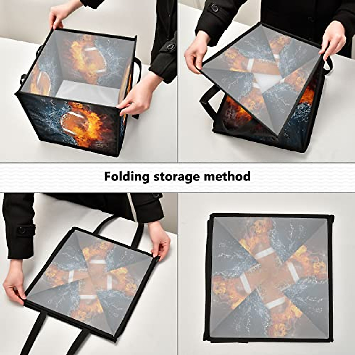 Blueangle Water Fire Football Cube Storage Bin with Handles, 10.6 x 10.6 x 10.6 in, Large Collapsible Organizer Storage Basket for Home Décor（1031）