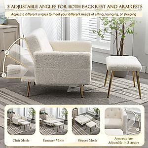 KINFFICT Velvet Accent Sofa Chair with Ottoman, Upholstered Comfy Lounge Armchair with Adjustable Armrests and Backrest, Living Room Single Recliner with Tufted Button Back, Cream White Teddy
