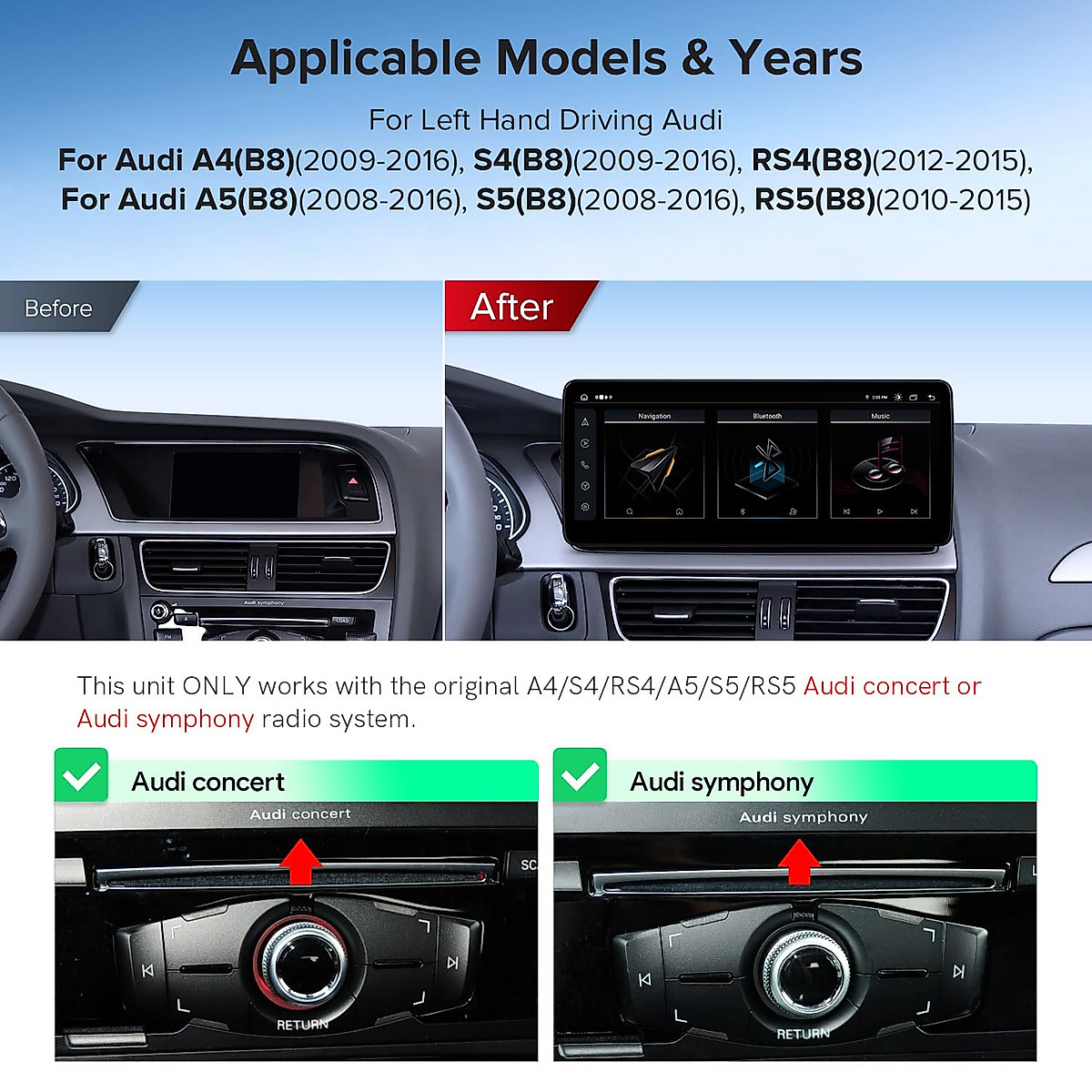 XTRONS 12.3 Inch Android 13 Car Stereo for Audi A4 S4 RS4 A5 S5 RS5 B8, IPS Touch Screen 4+64GB Global 4G Car Radio GPS Navigation Support Wireless Car Play Android Auto