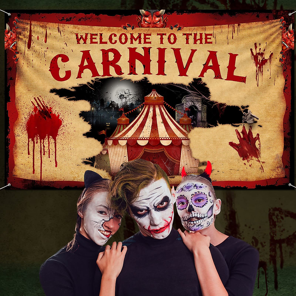 Halloween Circus Backdrop Creepy Carnival Party Decoration Horror Theme Welcome to The Carnival Background for Photo Booth Halloween Birthday Indoor Outdoor Party Supplies, 43.3 x 72.8 Inches