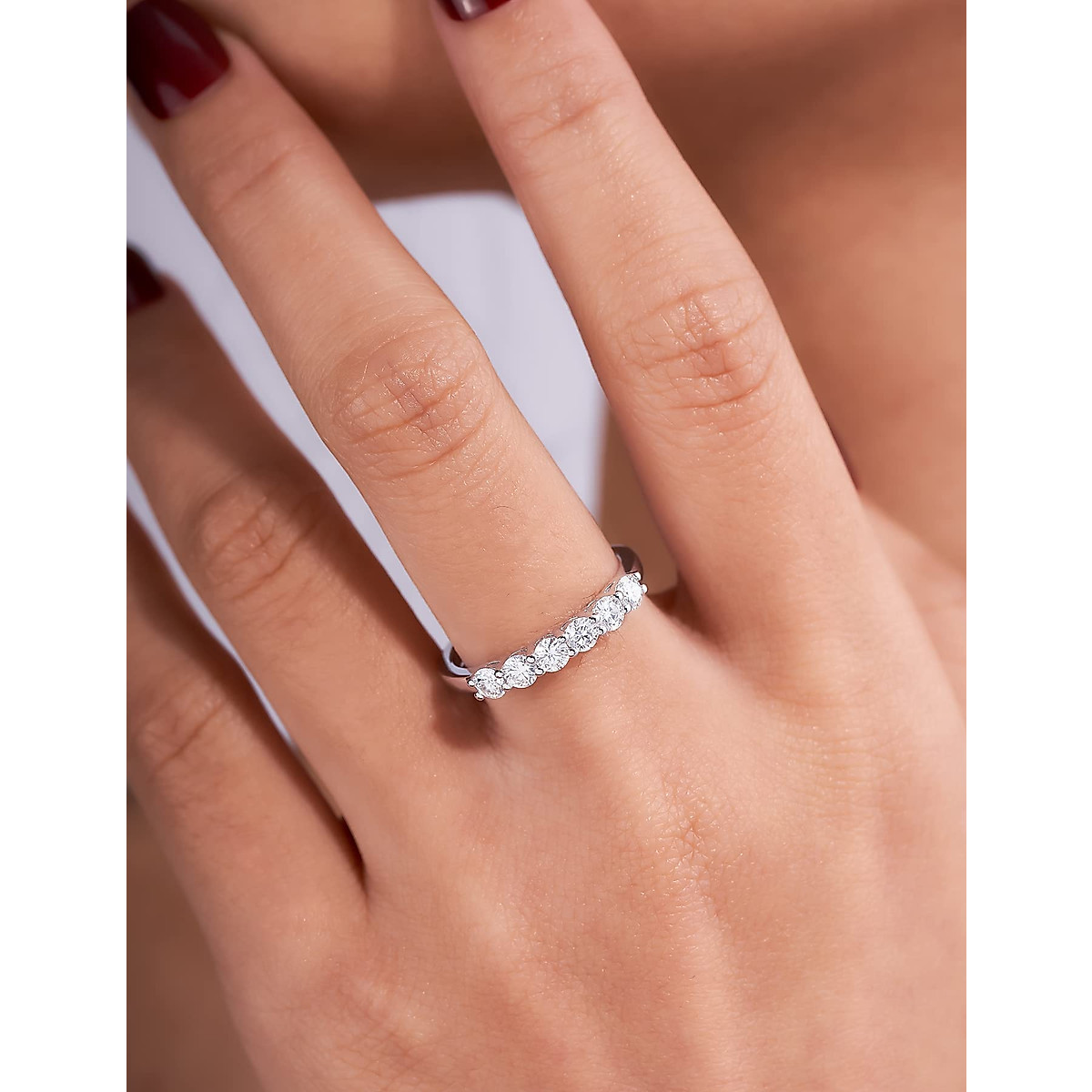 IMOLOVE 6 Stones Moissanite Eternity Band Ring for Women, Sterling Silver with 14K White Gold Plated, Size 4-11, Ideal Gift for Valentine's Day, Engagement, Wedding, Anniversary