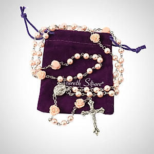 Nazareth Store Catholic Pink Pearl Beads Rosary Necklace Maddona Holy Soil Medal & Cross Crucifix