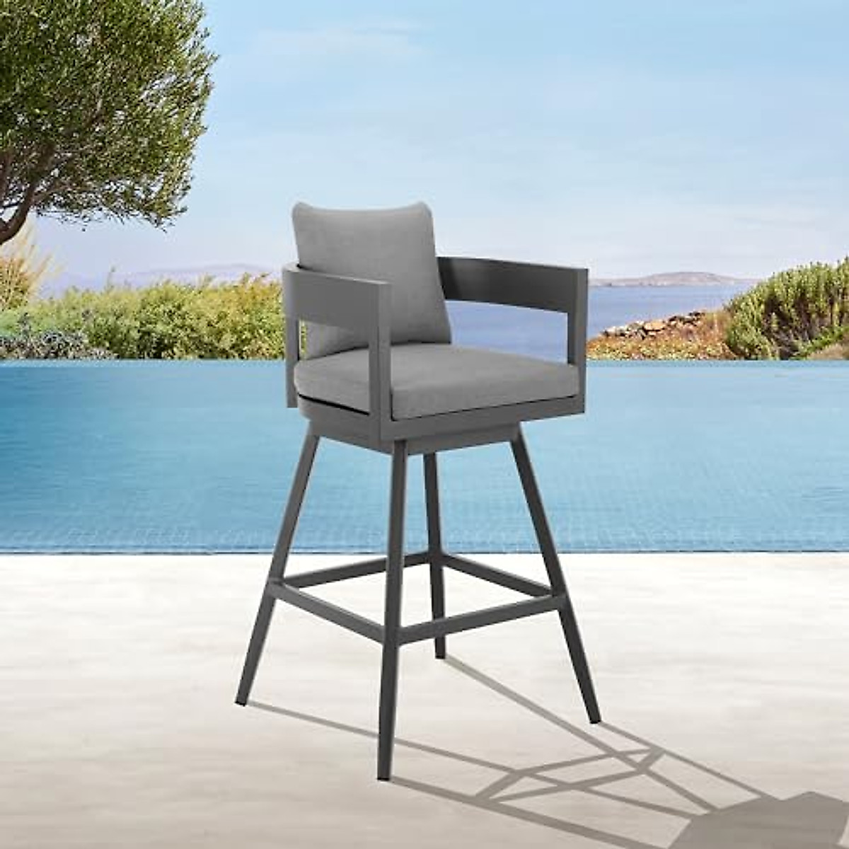 Menorca Outdoor Patio Swivel Bar Stool in Aluminum with Gray Cushions