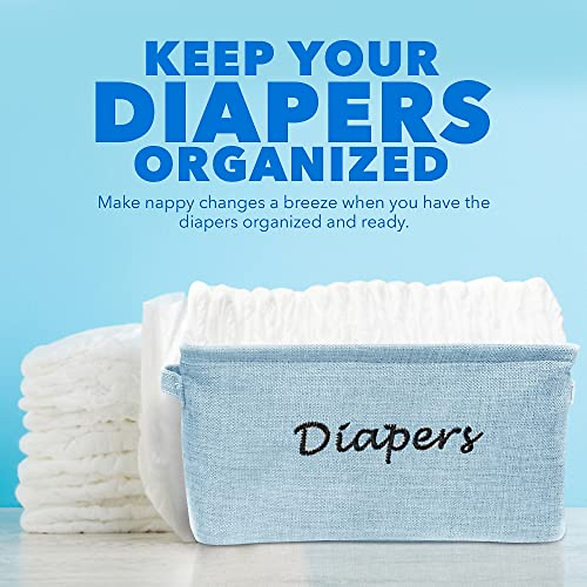 Dejaroo - Baskets for Organizing Diapers and Newborn Essentials, Baby Diaper Caddy Organizer, Embroidered Baby Shower Gifts for Moms, Linen Basket with Handle, 12 x 6 x 6 Inches, Blue