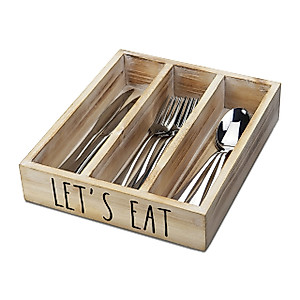 Karisky Kitchen Drawer Organizer Fir Wood Cutlery Silverware Tray Organizer with 3 Compartments, Decorative Utensil Holder for Flatware, Knives, Forks, Spoons