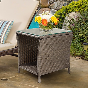 PHIKOOVA Outdoor Wicker Side Table Patio Coffee Table Wicker Bistro End Table Outdoor Square Tempered Glass Top End Table All Weather Metal Rattan Furniture Table with Storage,Light Brown