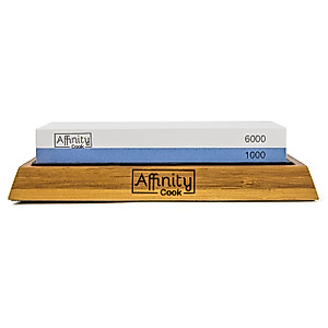 Premium Whetstone knife sharpener kit by Affinity Cook- Professional Japanese sharpening stone with 2 side grit 1000/6000- A natural non-slip bamboo base with BONUS angle guide