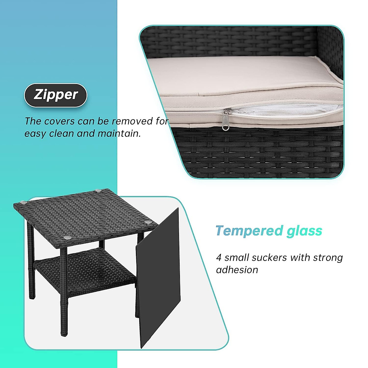 Ruesleag Patio Furniture 3 Pieces Outdoor Wicker Patio Furniture Conversation Set Patio Set Bistro Table Set for Backyard Porch Poolside Garden Balcony Lawn,Glass Coffee Table &RattanChairs Set,Black