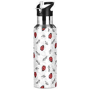 Ladybugs Funny Spring Pattern Insulated Water Bottle with Straw, Stainless Steel Sports Water Bottles, Double Wall Vacuum, Leakproof, BPA-Free 35 oz