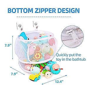 AMZKEIO 2 x Bath Toy Storage, Bath Toy Organizer with Fixed Opening, Large Capacity Standing Bath Toy Holder, 8 Super Sticky Hooks, Quick-Drying Mesh Storage Bag with Bottom Zipper