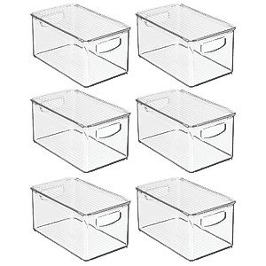 mDesign Plastic Deep Storage Bin Box Container with Lid and Built-In Handles - Organization for Fruit, Snacks, or Food in Kitchen Pantry, Cabinet, or Cupboard, Ligne Collection, 6 Pack, Clear