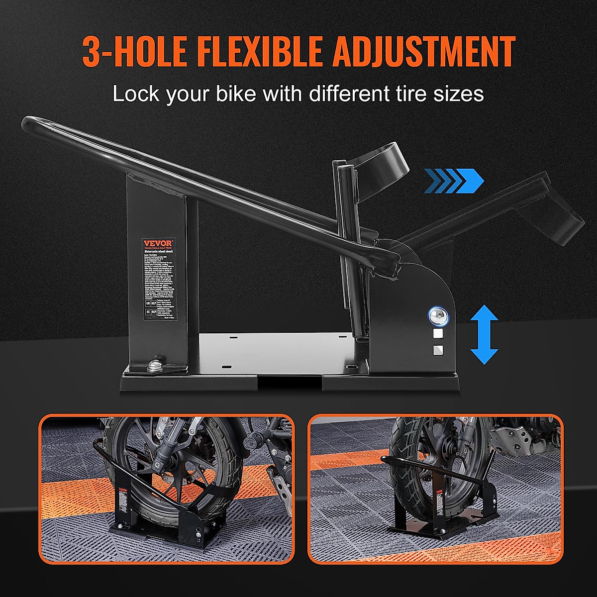 VEVOR Motorcycle Wheel Chock, 1800 lbs Capacity Wheel Cradle Holder, Heavy-Duty Steel Motorcycle Front Wheel Stand with 3 Adjustable Holes, for 15"-21" Off-Road Motorcycles, Standard Motorcycles
