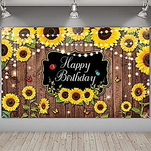 Sunflower Happy Birthday Party Decorations Rustic Wood Photography Butterfly Sunflower Backdrop Banner Background for Indoor Outdoor Birthday Party Baby Shower Decor Supplies