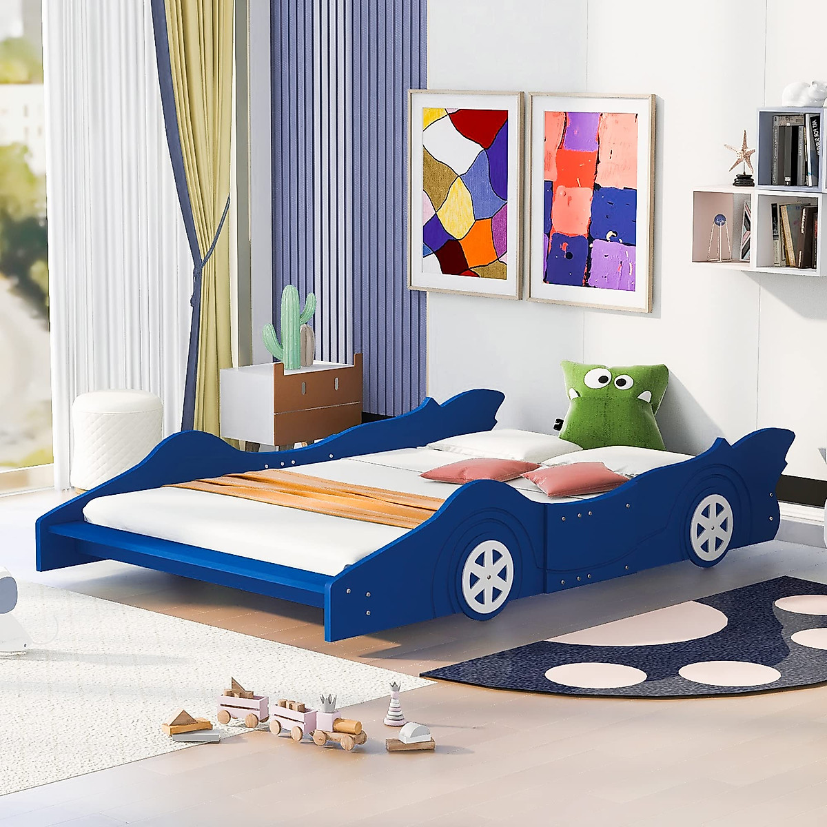 SOFTSEA Full Size Car-Shaped Platform Bed, Solid Wood Platform Bed with Wheels for Kids Boys Girls, No Box Spring Needed, Without Headboard, Blue