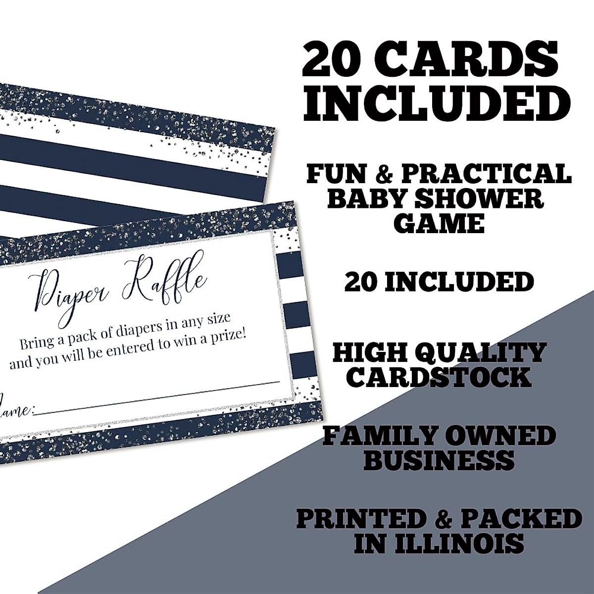 Beautiful Striped Navy & Silver Diaper Raffle Tickets for Boy Baby Showers, 20 2" X 3” Double Sided Insert Cards for Games by AmandaCreation, Bring a Pack of Diapers to Win Favors & Prizes!