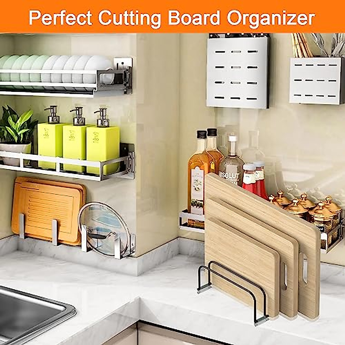 Cutting Board Organizer 2 Pack, Compact Chopping Board Storage Rack for Cabinet, Kitchen Countertop Pan Pot Lids Stand Holder Organizer for Baking Sheets, Flat Plate (1.0 Inch Width Slots)