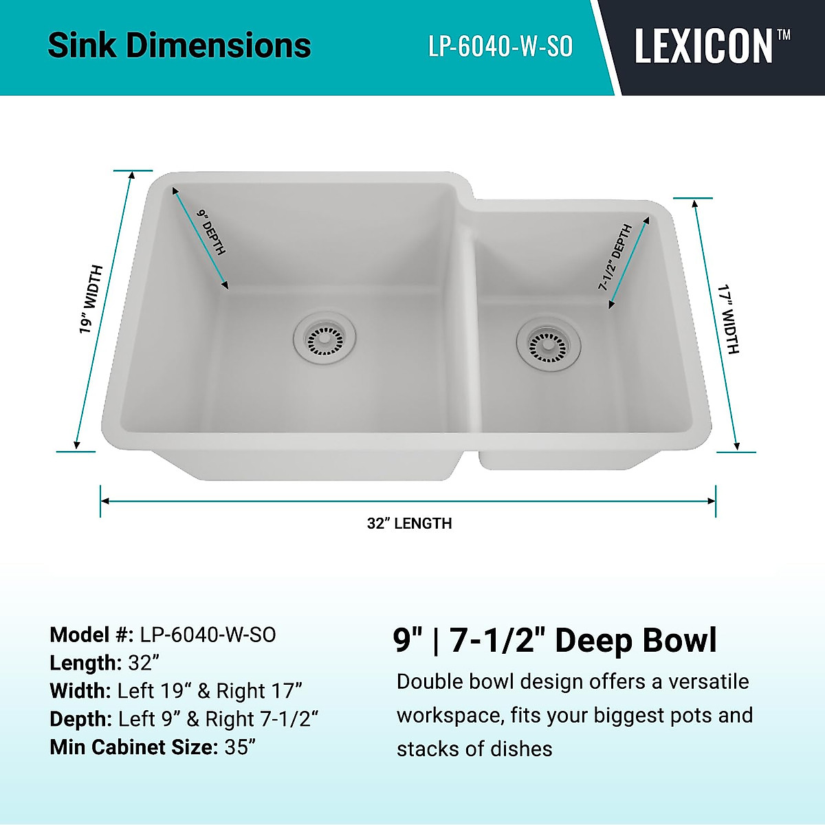 32" x 19" Quartz Kitchen Sink, 60/40 Double Bowl Sink, Drop-in Sink, Undermount Sink, Granite Kitchen Sink, White Kitchen Sink, Lexicon Platinum LP-6040-W-SO