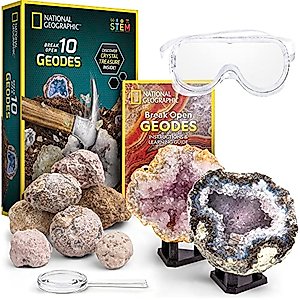 NATIONAL GEOGRAPHIC Break Open 10 Premium Geodes – Includes Goggles, Detailed Learning Guide & 2 Display Stands - Great STEM Science Gift for Mineralogy & Geology Enthusiasts of Any Age