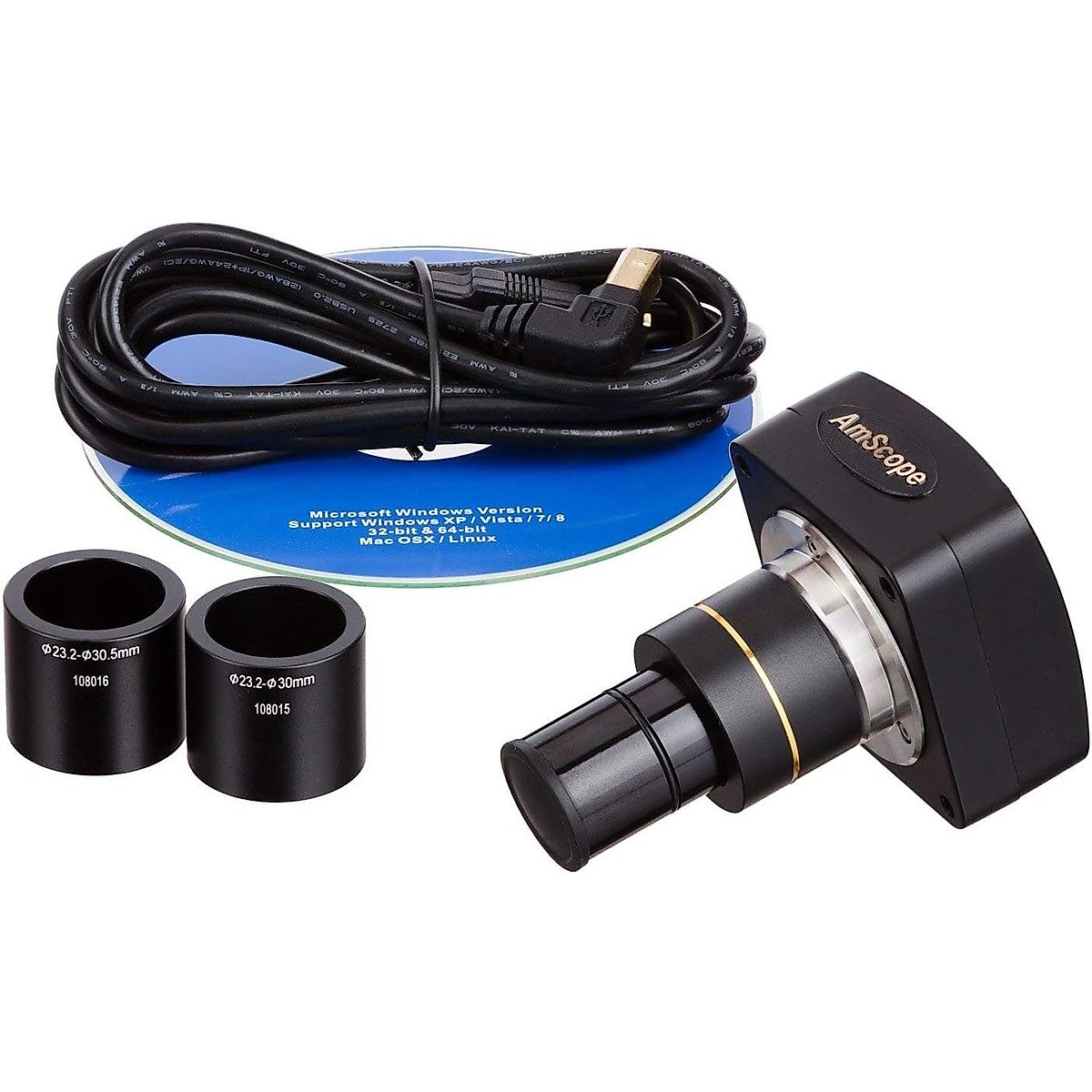 AmScope MU500-PB10 5MP USB Camera for Microscopes + Software + Test Slides, Compatible with Windows XP/Vista/7/8 and Mac OS 10.6 & Up