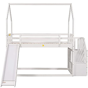 BOVZA Twin Over Twin House Bunk Bed with Convertible Slide, Wood Bunk Bed Frame with Stairs and Roof for Kids, Teens, Girls, Boys, White