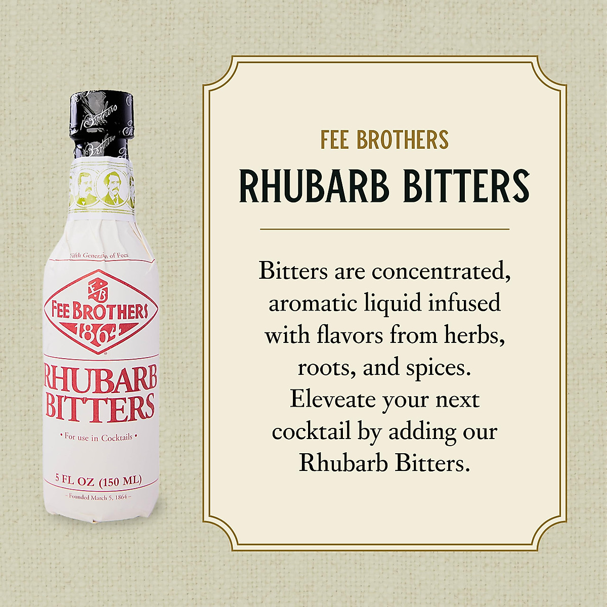 Fee Brothers Rhubarb Cocktail Bitters - Aromatic Cocktail Mixer and Concentrated Flavoring, Gluten Free, Vegan-Friendly, 5 fl oz