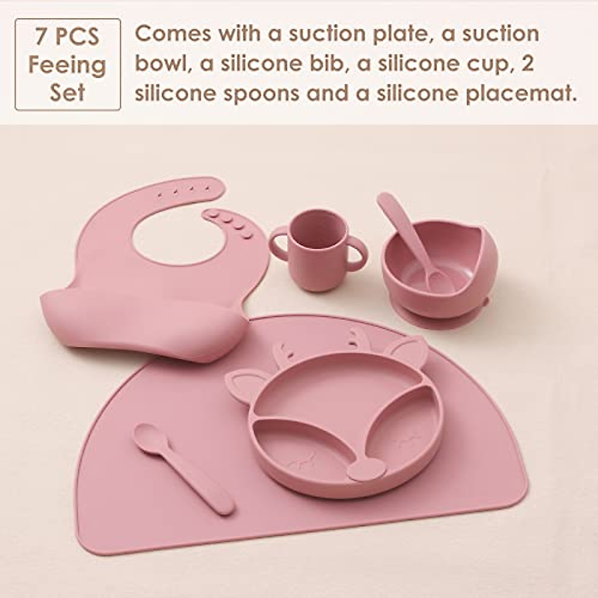 ROCCED Silicone Baby Feeding Set Baby Led Weaning Supplies Toddler Dish Set First Stage Solid Food Eating Utensil, Suction Plates with Spoons Baby Suction Bowls Bibs Cups Placemat- 6M+ Sage