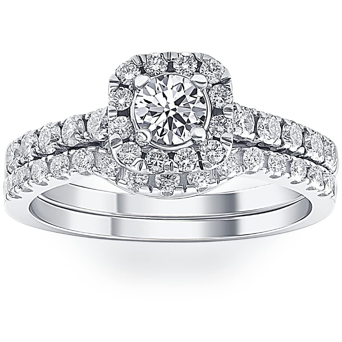 1 1/4Ct Cushion Halo Diamond Engagement Matching Wedding Ring Set 14K White Gold - Size 7