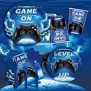 Video Game Party Supplies Kit Serve 25,Includes Dinner Plates,Dessert Plates,Napkins,Cups,Cutlery,Tablecloth,Banner for Gamer Birthday Party Decorations for Boys Adults.