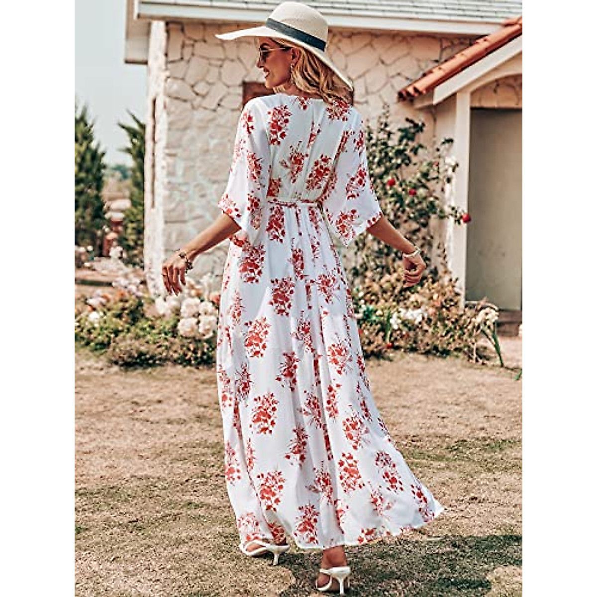 ANRABESS Women Kimono Summer Side Split Wrap V Neck Short Sleeves Maxi Dress Floral Print Beach Dress with Belt 487honghuacao-XL