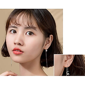 Crystal Crescent Moon Star Tassel Threader Chain Earrings S925 Sterling Silver Asymmetrical Dainty CZ Crystal Dangling Sun Long Chains Earring Jewelry for Women Girls (White Gold)