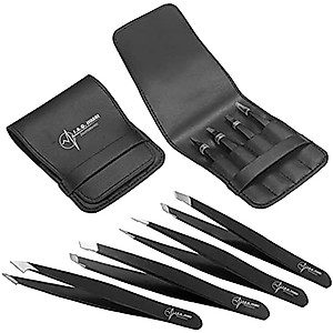 S.A.Q. JILLANI Eyebrow Precision Tweezers Set- For Men and Women Facial and Ingrown Hair Removal - Professional Stainless Steel Splinter and Slant 4 Pieces with Case (Black)