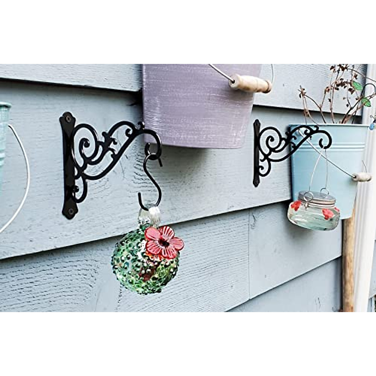 HongKim 2 Pieces 6-Inch Outdoor Indoor Small Decorative Iron Wall Hooks for Hanging Lanterns Solar Lights Bug Zappers Hummingbird Feeders Wind Chimes Hangers, Black