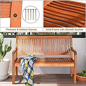 Tangkula Outdoor Wood Bench, Two Person Solid Wood Garden Bench w/Curved Backrest and Wide Armrest, Large Bench for Patio Porch Poolside Balcony, 50" L x 25" W x 36" H (Natural)