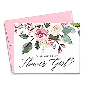 Rustic Floral Will You Be My Flower Girl Card Pink, Modern Flower Girl Proposal Cards, Elegant Bridal Party Ask Cards, Your Choice of Quantity and Envelope Color